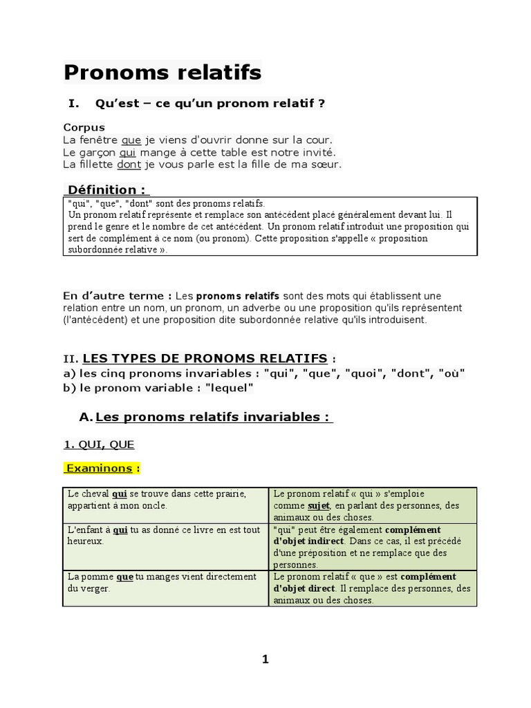 Définition et types de pronoms relatifs | PDF | Pronom | Clause