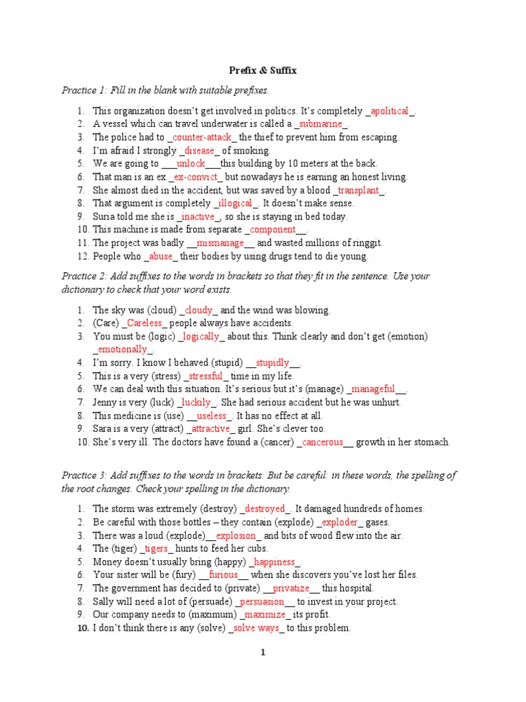 Prefix & Suffix Exercise | PDF