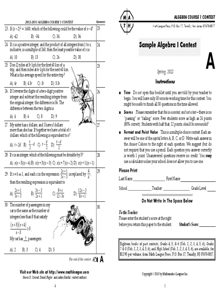 Sample Algebra I Contest: Math League Press | PDF | Mathematics