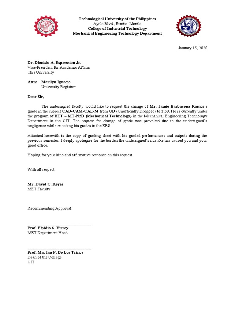 Change of Grades Letter | PDF