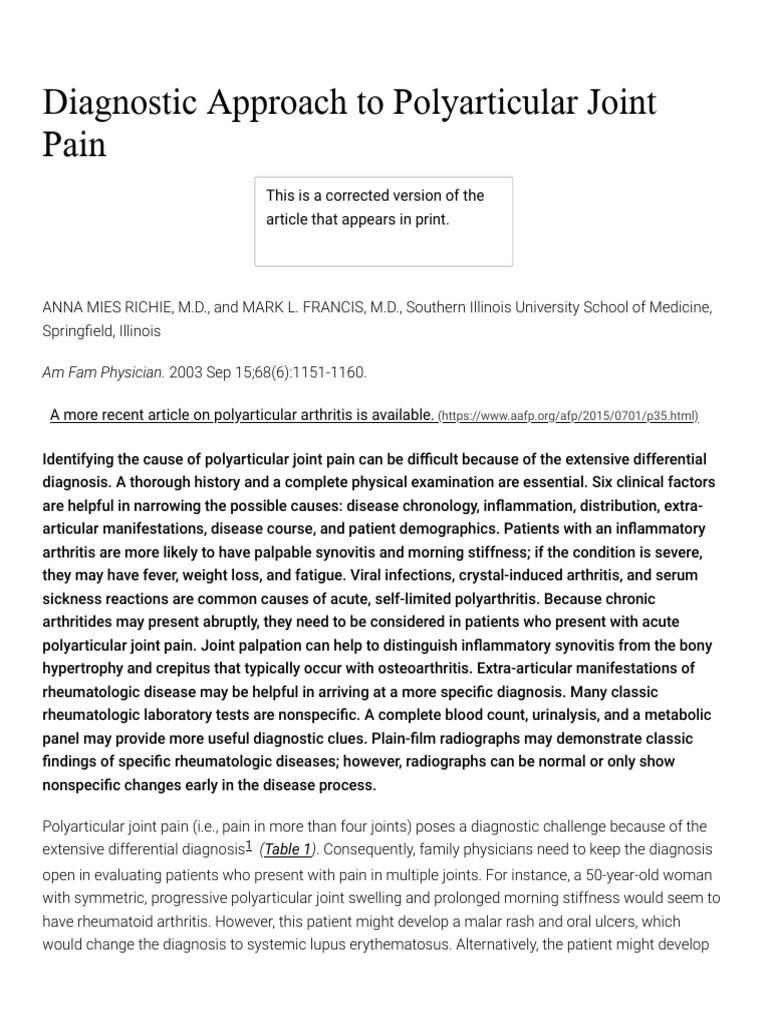 Diagnostic Approach To Polyarticular Joint Pain - American Family Physician | PDF | Arthritis ...
