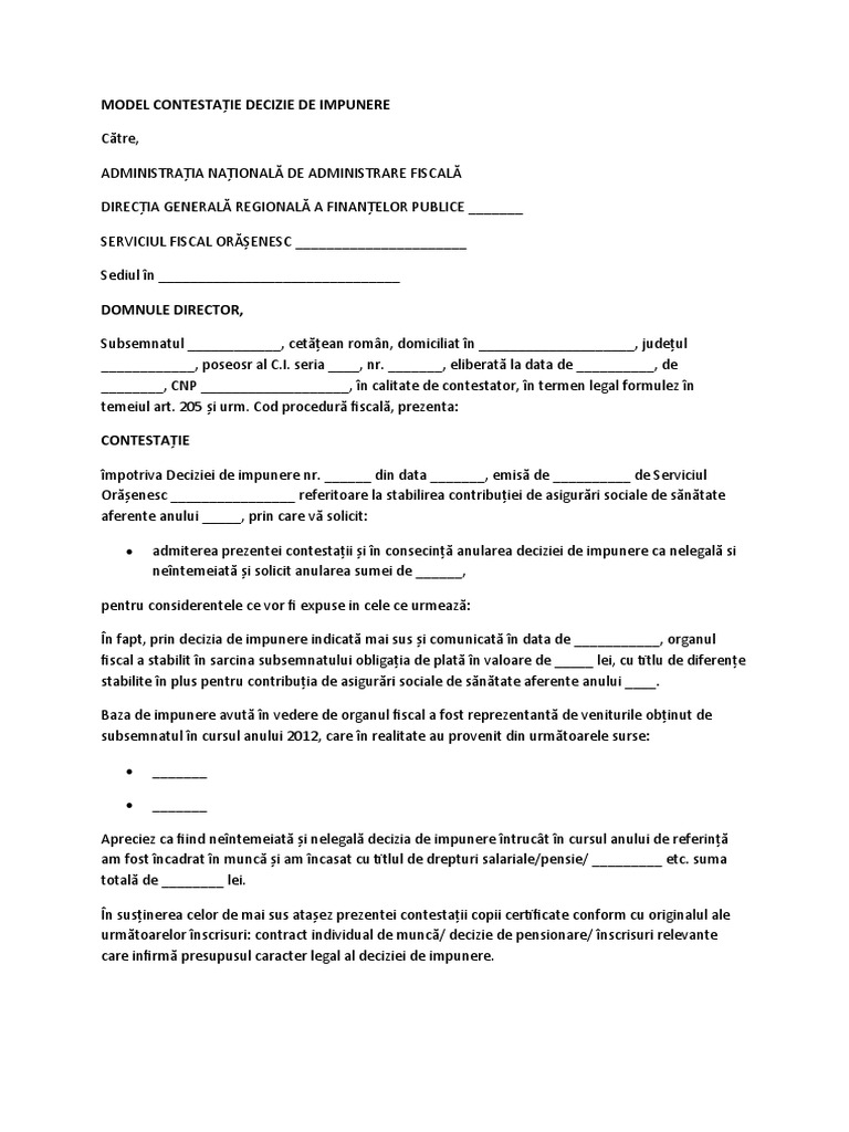Model Contestaţie Decizie de Impunere 2012 | PDF