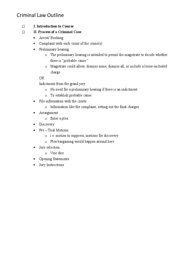 Criminal Law Outline: I. Introduction To Course II. Process of A ...