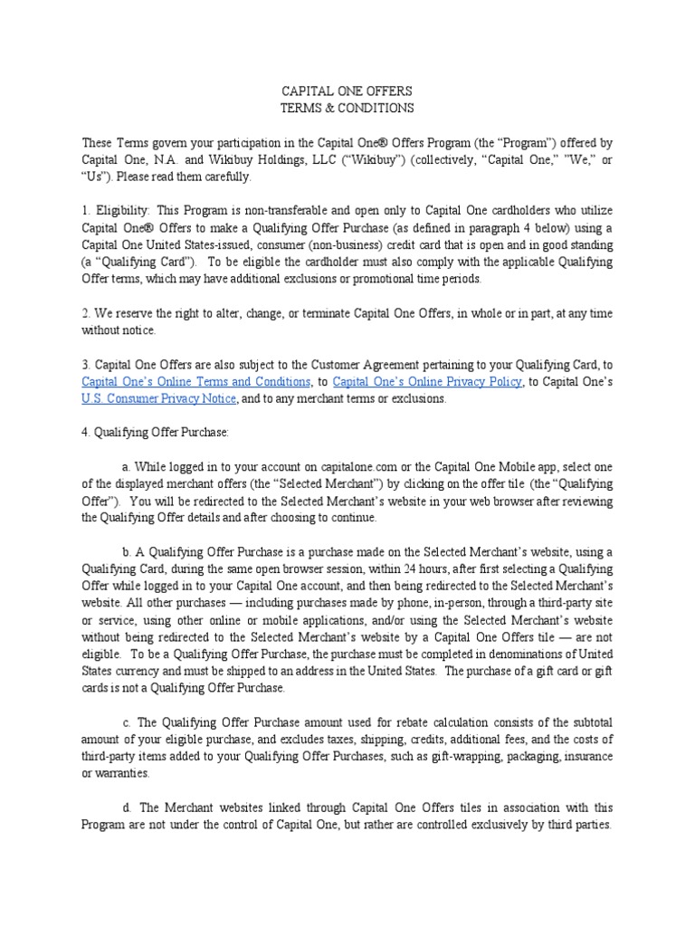 Capital One Offers Terms and Conditions | PDF | Damages | Credit Card