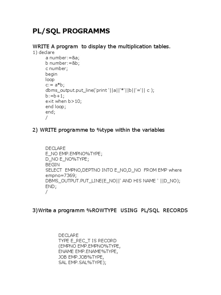 PL/SQL Programms: WRITE A Program To Display The Multiplication Tables | PDF | Pl/Sql | Database ...