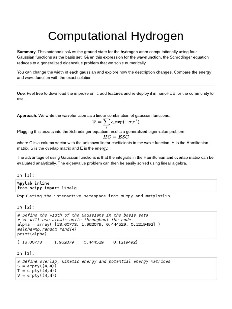 Computational Hydrogen: exp (− c α r Hc = Esc | PDF | Eigenvalues And ...