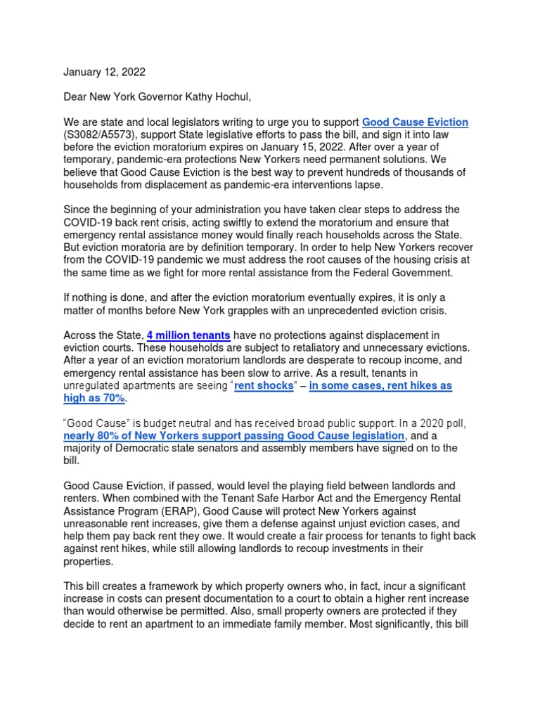 Letter To Hochul On Good Cause | PDF | Eviction | Landlord