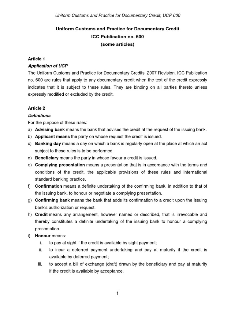Uniform Customs and Practice For Documentary Credit ICC Publication No ...