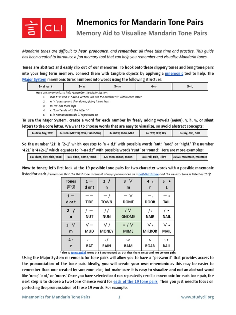Mnemonics For Mandarin Tone Pairs - Major System | Download Free PDF ...
