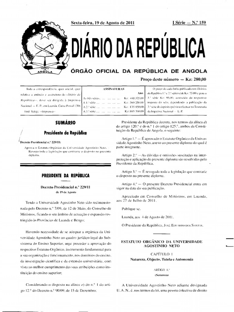 Decreto 229 11 Estatuto Orgânico Da UAN | PDF
