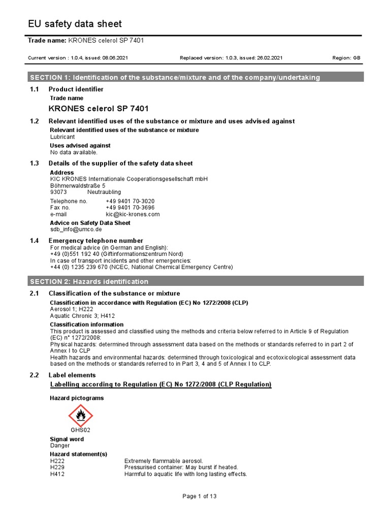 KRONES Celerol SP 7401 MSDS | PDF | Safety | Occupational Safety And Health