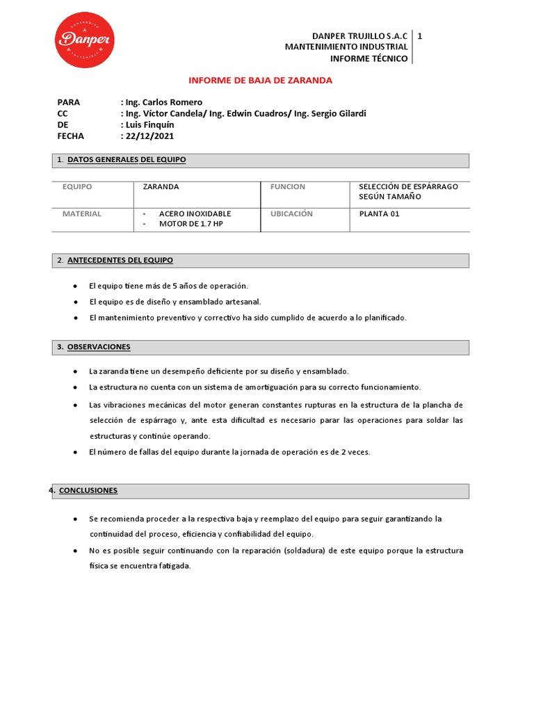 Informe de Baja - Zaranda Pl1 | PDF