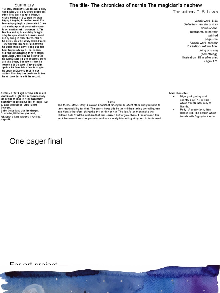 One Pager + Art Watercolor Project | PDF | The Chronicles Of Narnia | Aslan