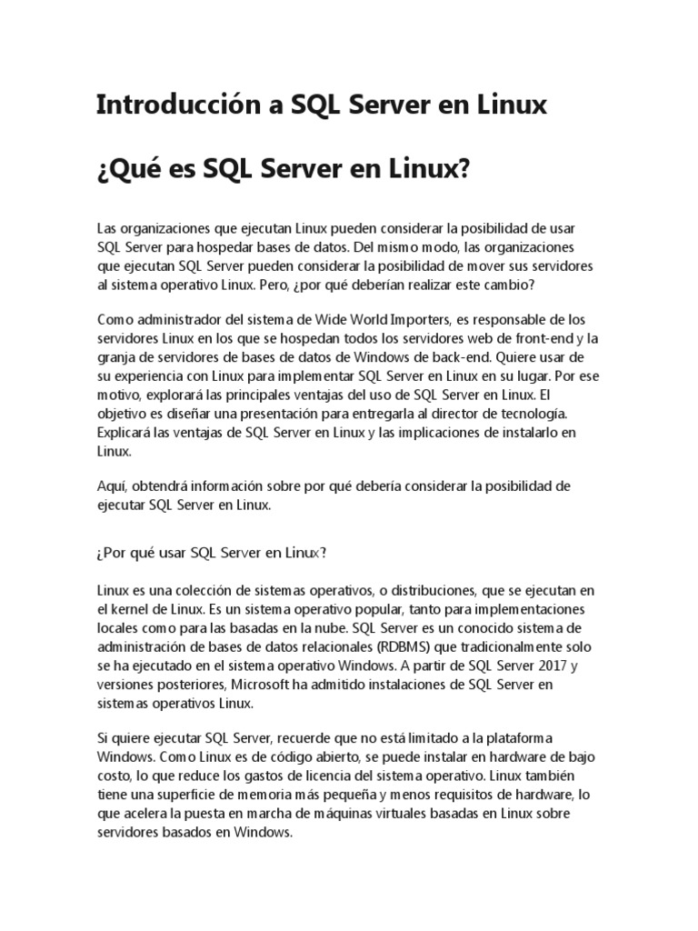 Introducción A SQL Server en Linux | Descargar gratis PDF | Servidor SQL de Microsoft ...