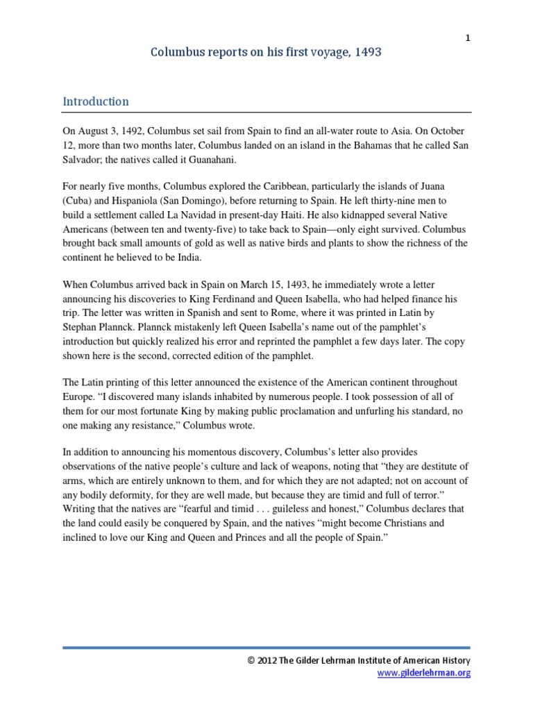 Columbus's 1493 Letter to Spain | PDF | Christopher Columbus | Voyages ...