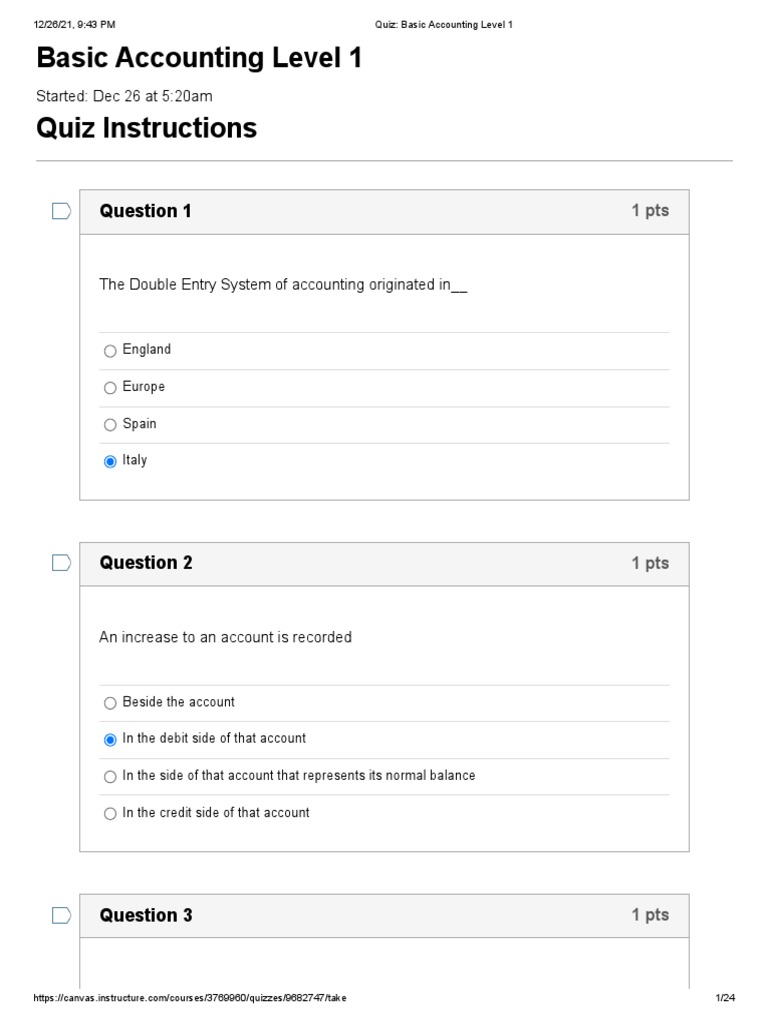 Basic Accounting Level 1 Quiz Instructions: Started: Dec 26 at 5:20am | PDF | Debits And Credits ...