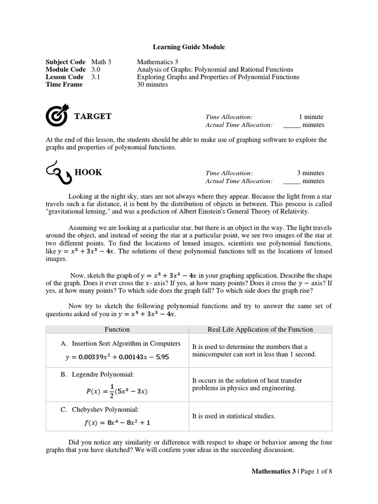 SLG 3.1.1 Exploring Graphs and Properties of Polynomial Functions | PDF ...