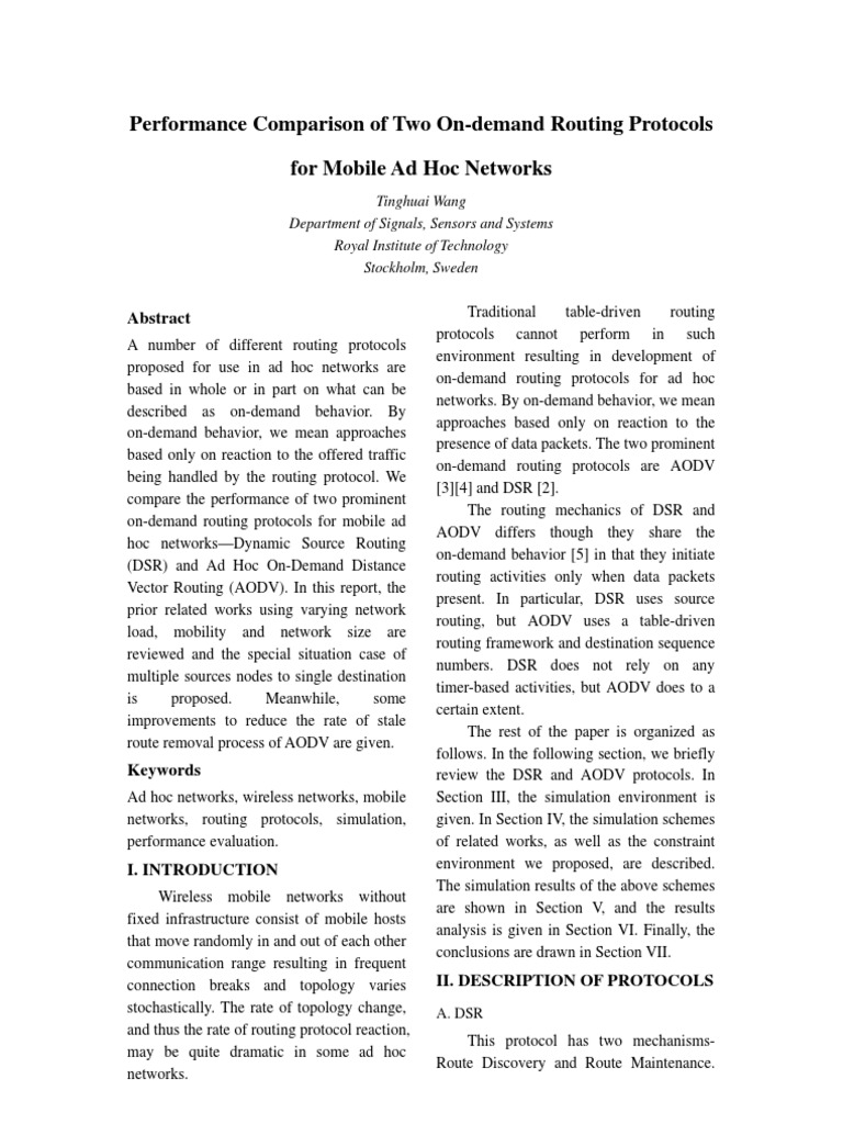 Performance Comparison of Two On-Demand Routing Protocols For Mobile Ad Hoc Networks | PDF ...