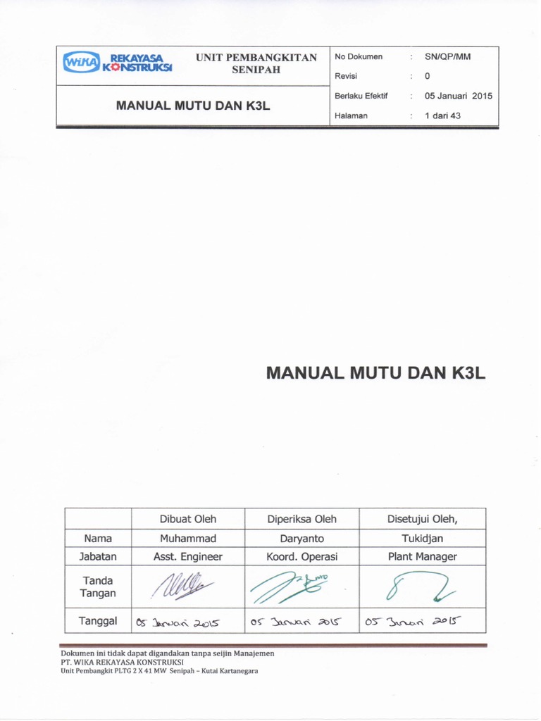 Manual Mutu Dan K3L Rev by Pak Tukidjan (WRK) | PDF