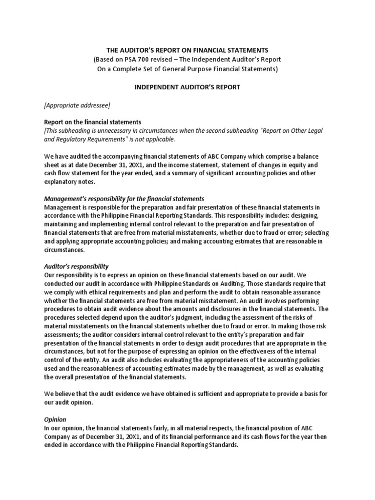 Based On PSA 700 Revised - The Independent Auditor's Report On A ...