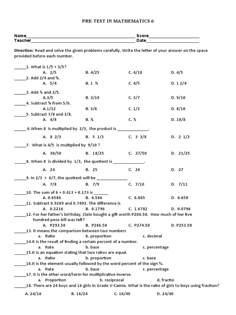Grade 6 Math Diagnostic Test PDF | PDF | Volume | Triangle