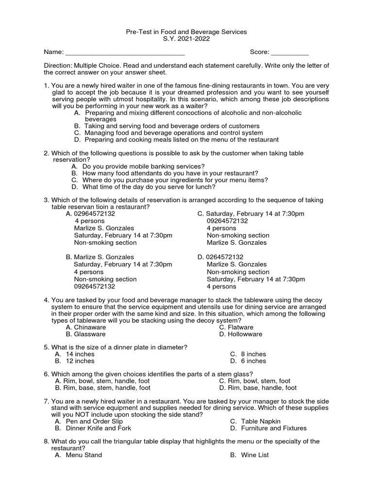 Pre Test in Food and Beverage Services | PDF | Tableware | Menu