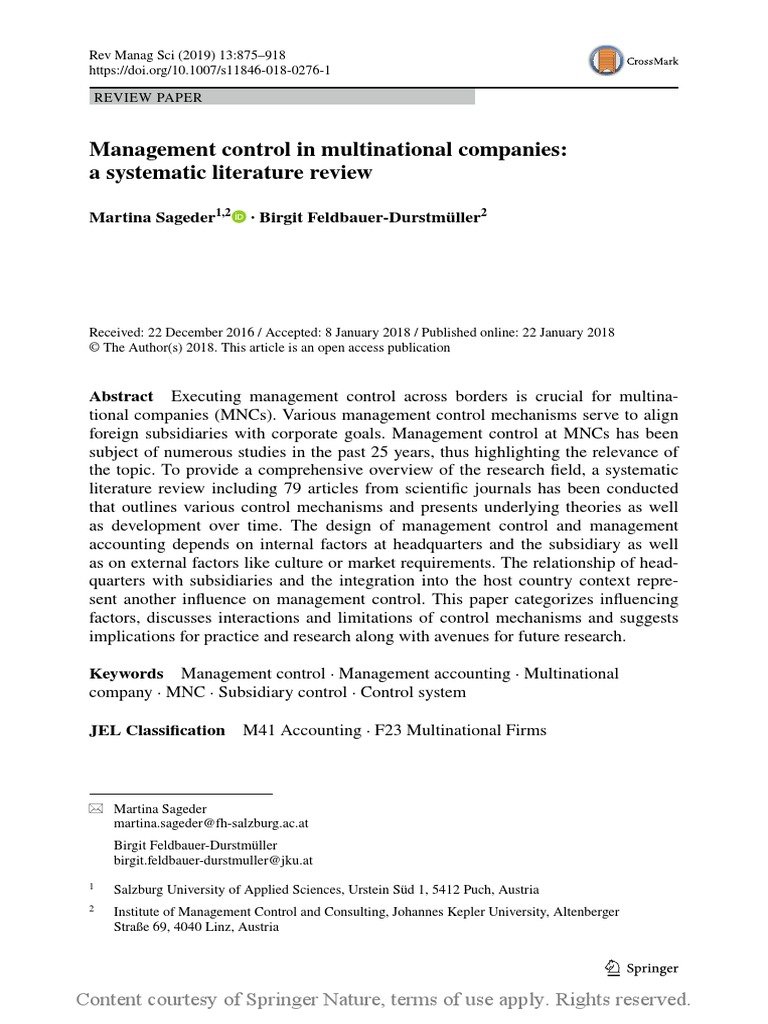 Management Control in Multinational Companies: A Systematic Literature ...