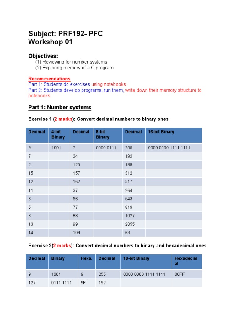 PRF192 Workshop: Number Systems & Memory | PDF | Numbers | Theory Of ...