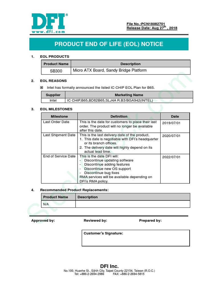 Product End of Life (Eol) Notice: SB300 Micro ATX Board, Sandy Bridge ...