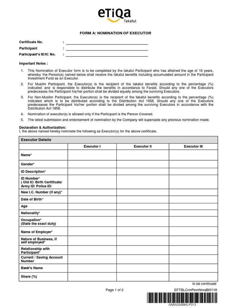 Form A: Nomination of Executor: To Be Continued | PDF | Government ...