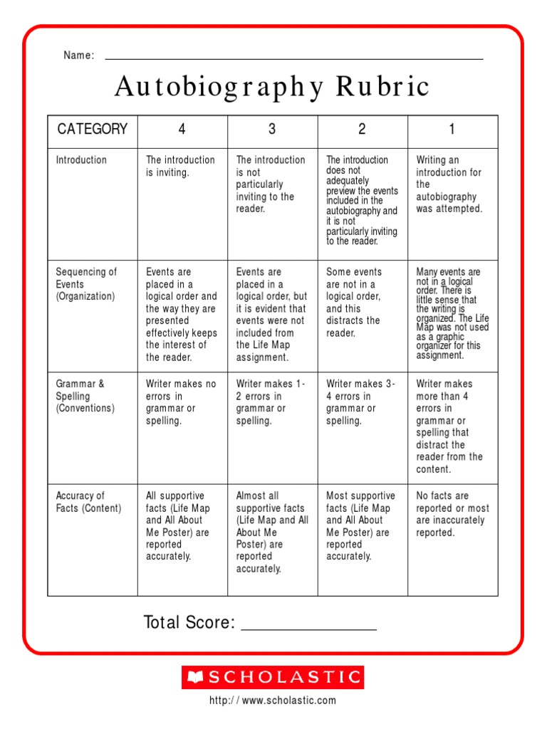 Rubrics in Grading Autobiography | PDF | Rubric (Academic) | Cognition