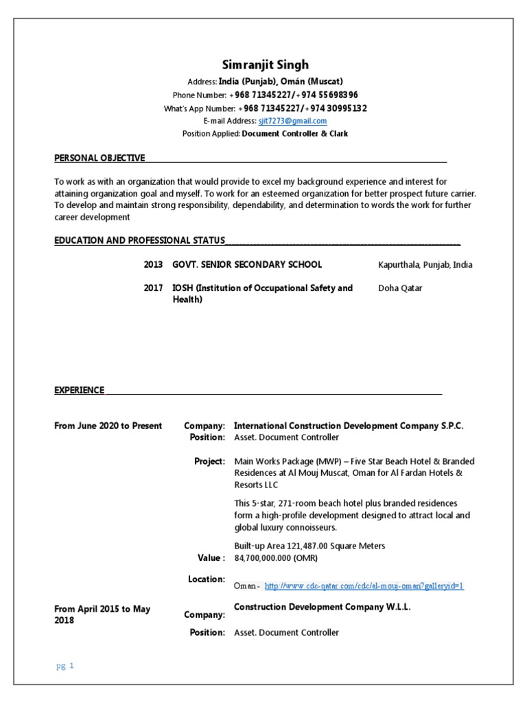 Document Controller Resume - Simranjit Singh | PDF | Door | Building