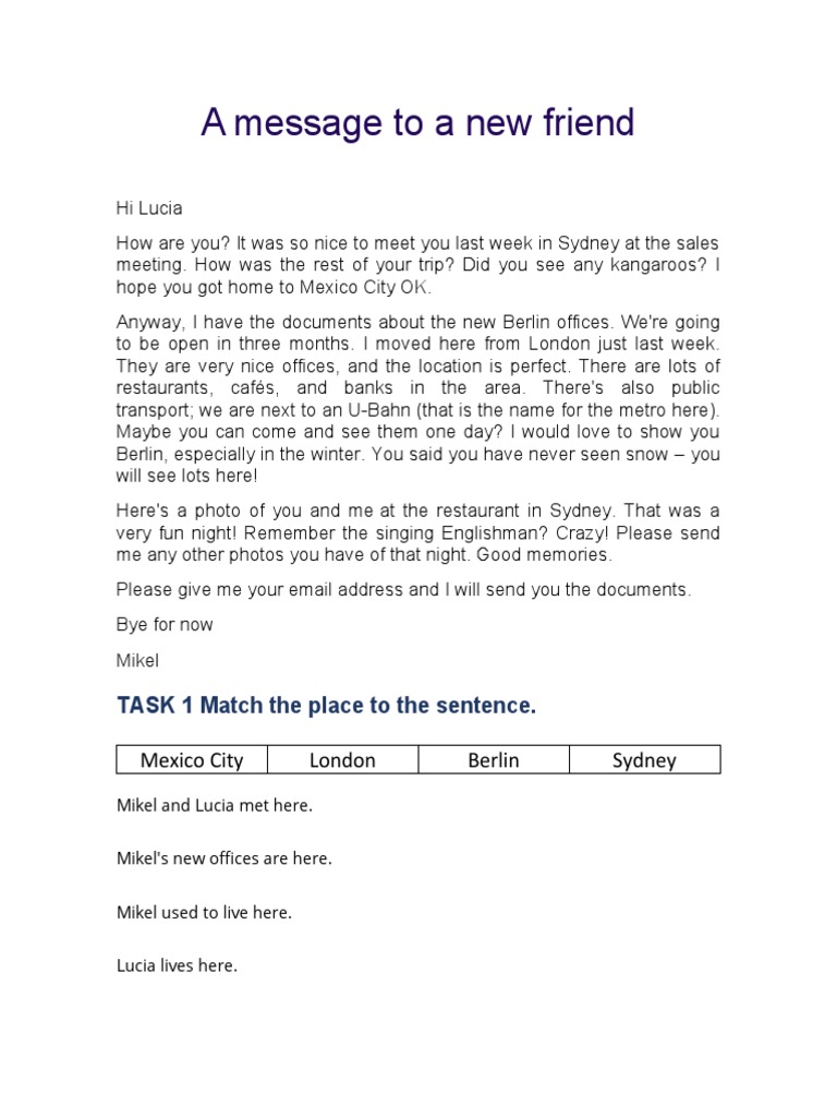 A Message To A New Friend: TASK 1 Match The Place To The Sentence | PDF