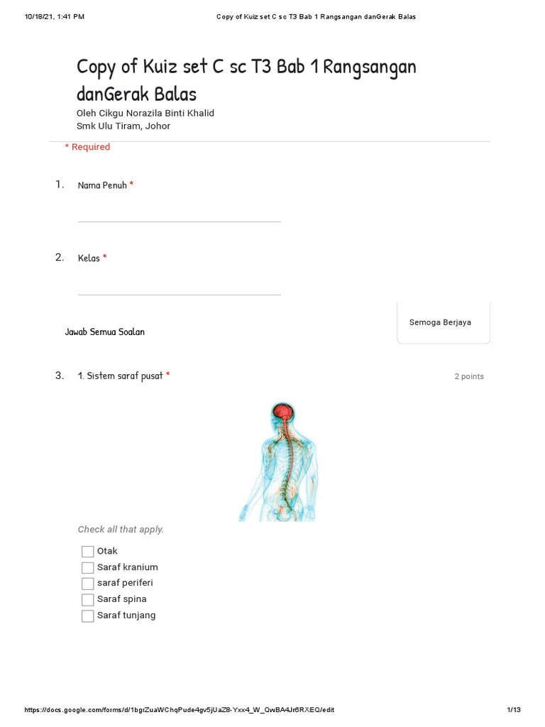 Kuiz Set C SC T3 Bab 1 Rangsangan Dangerak Balas - Google Forms | PDF
