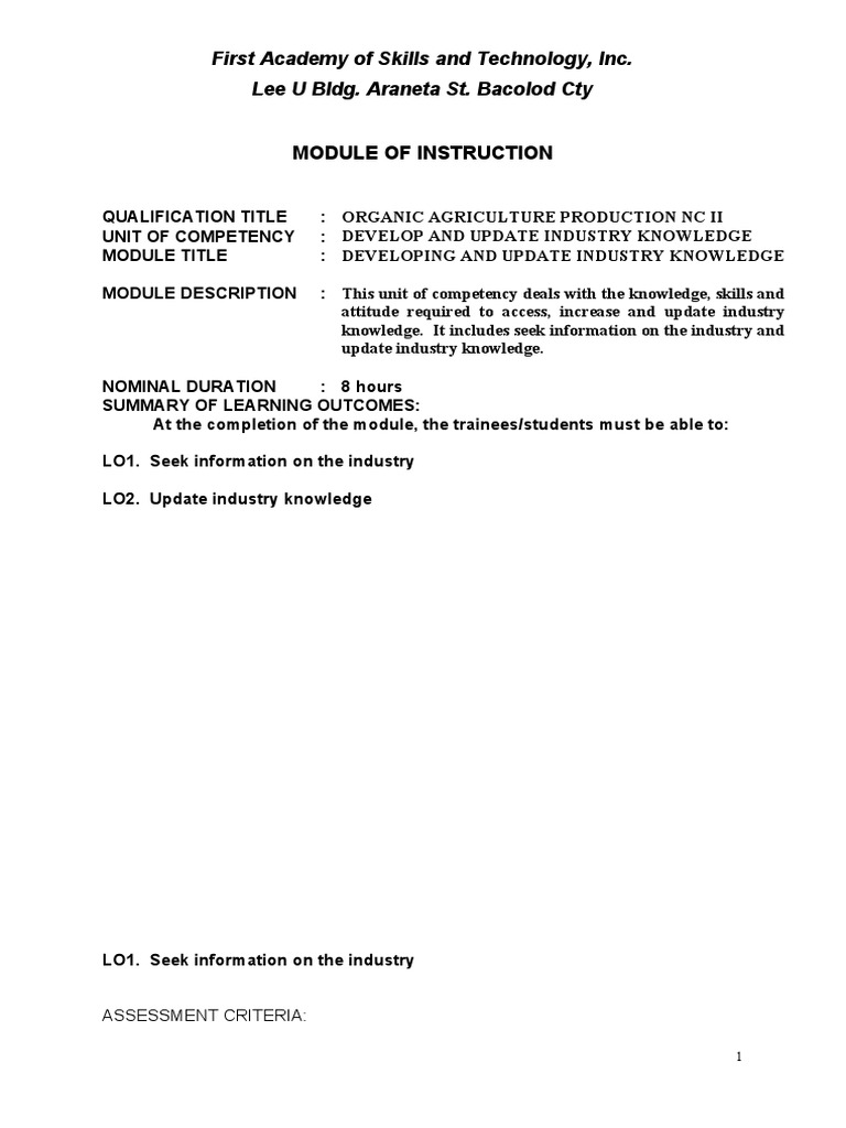 Module of Instruction DEVELOP AND UPDATE INDUSTRY KNOWLEDGE | PDF ...