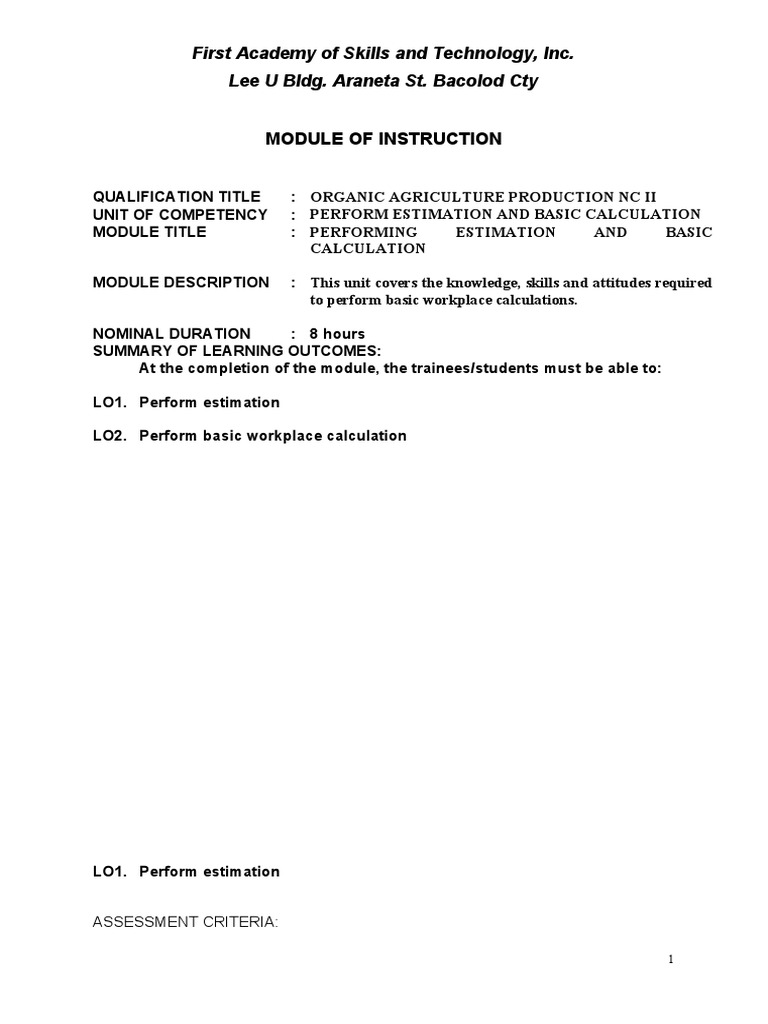 Module of Instruction PERFORM ESTIMATION AND BASIC CALCULATION | PDF ...