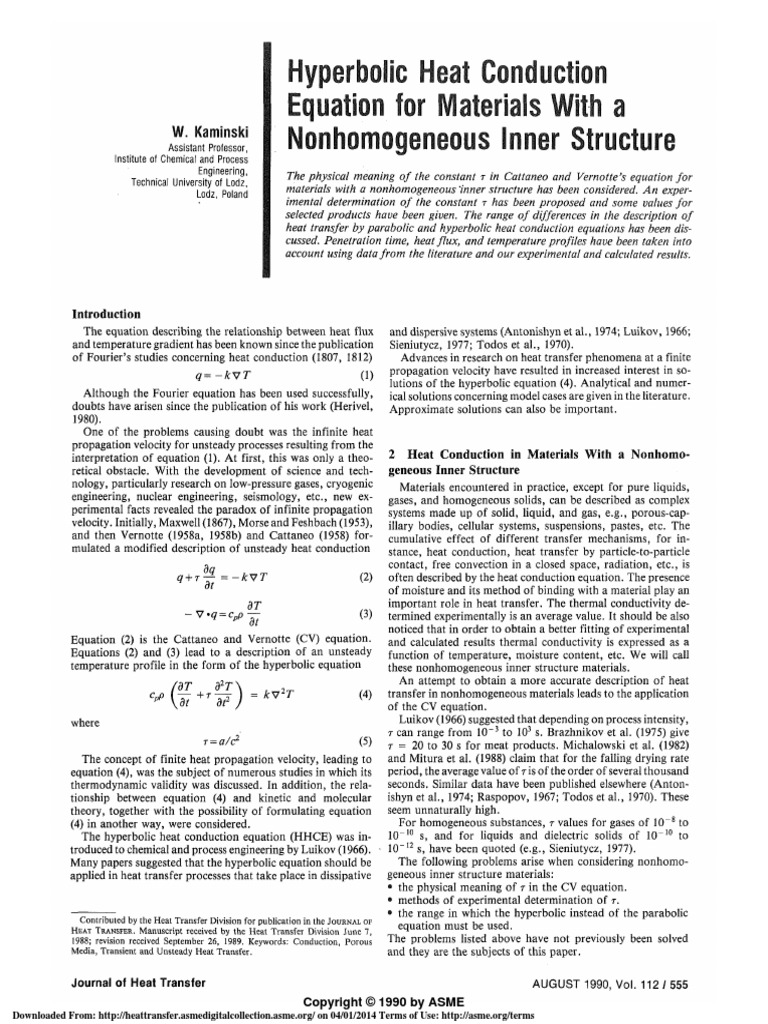 Hyperbolic Heat Conduction Equation For Materials With A Nonhomogeneous ...