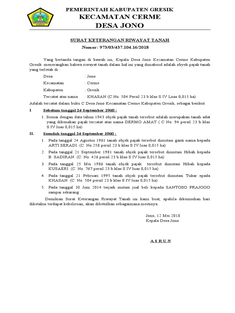 Riwayat Tanah Desa Jono | PDF