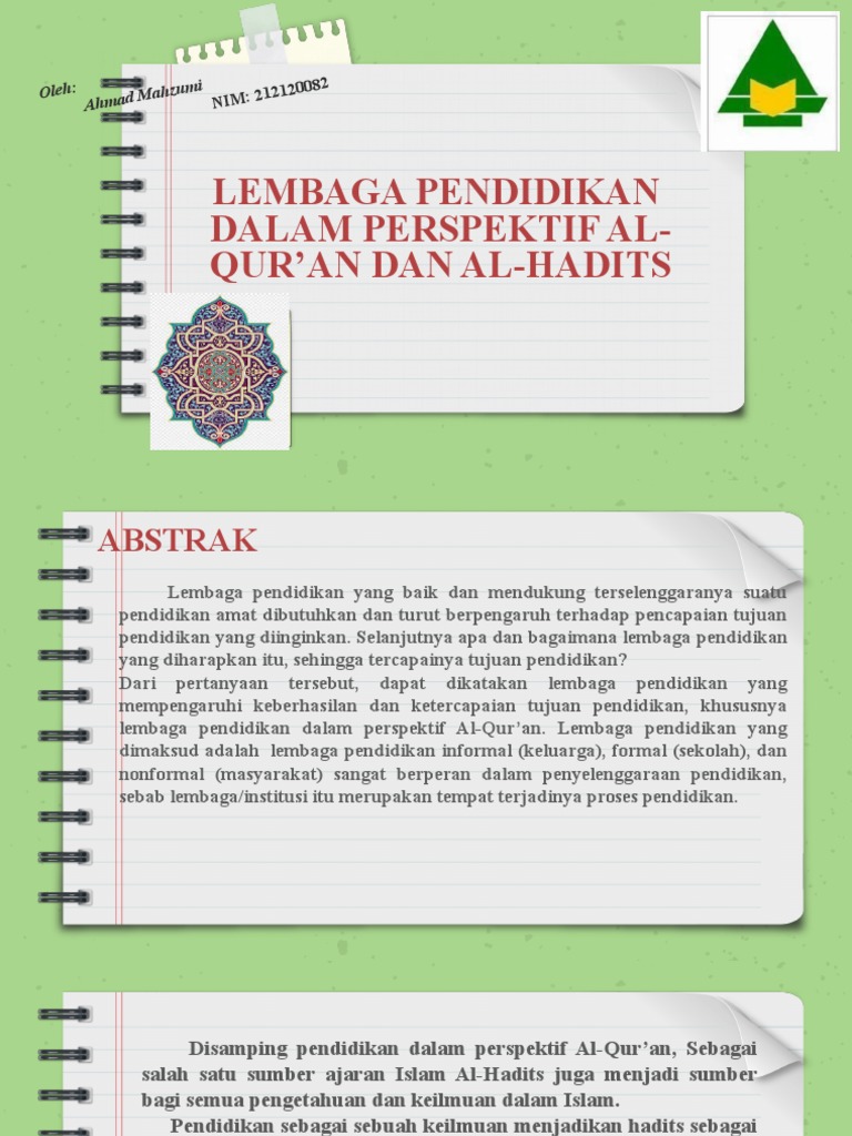 Ppt. Lembaga Pendidikan Dalam Perspektif Al-Qur'an Dan Al-Hadits | PDF | Karier & Perkembangan