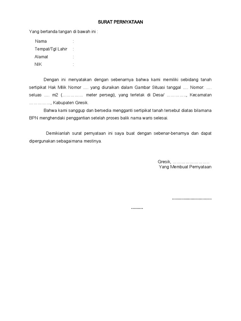 PERNYATAAN Bersedia Ganti Blanko Sertipikat Scrib | PDF