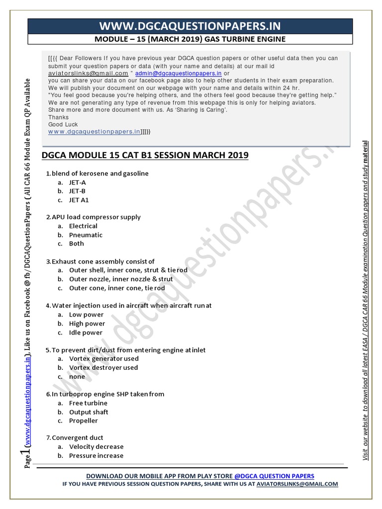 WWW - Dgcaquestionpapers.In: Dgca Module 15 Cat B1 Session March 2019 | PDF | Gas Turbine | Engines
