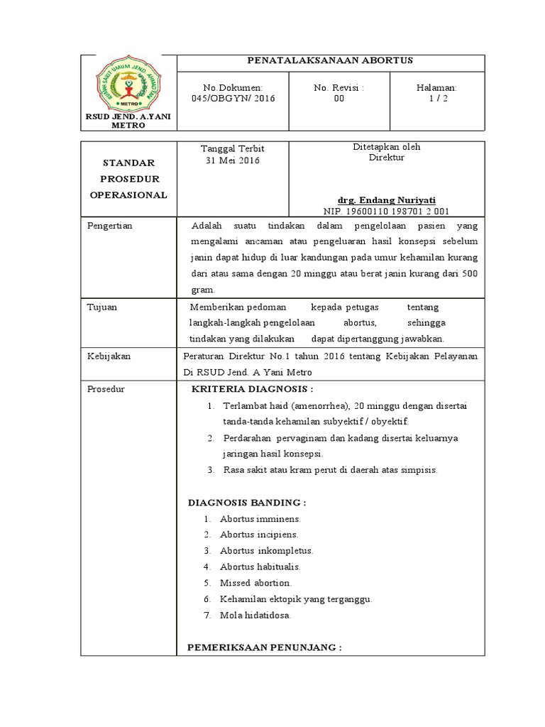 Prosedur Penatalaksanaan Abortus RSUD A. Yani | PDF | Kesehatan ...