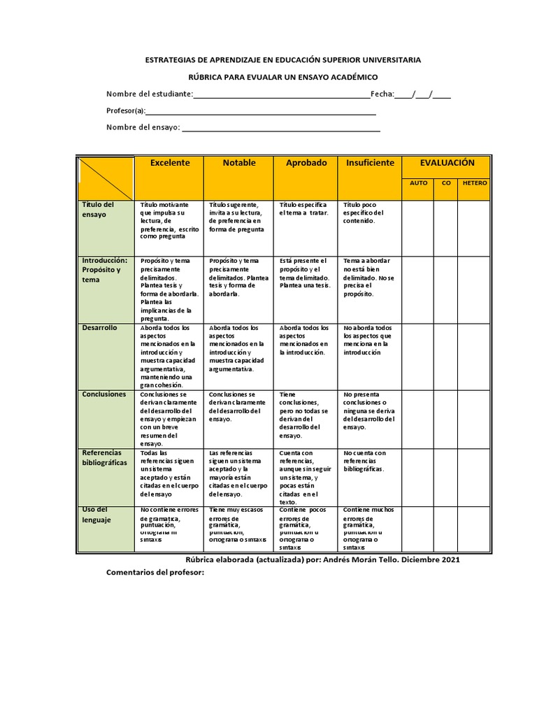 Rúbrica para Evaluar Ensayo Académico 2021 | PDF | Ensayos ...