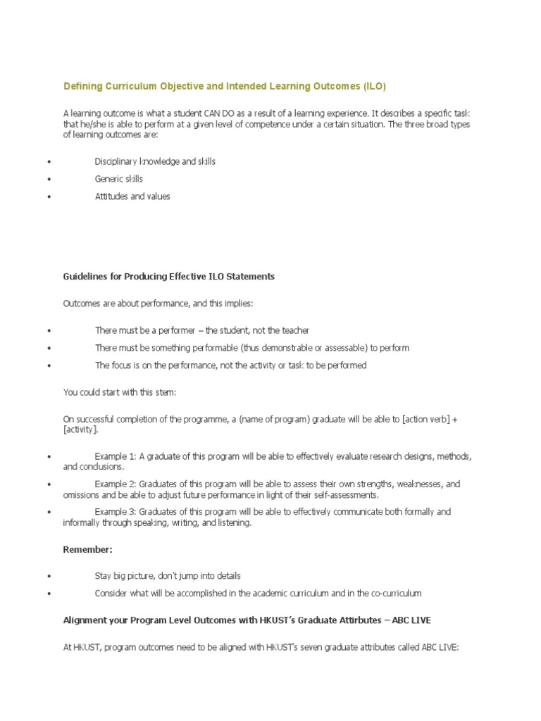 Curriculum Objectives & Learning Outcomes | PDF | Educational ...