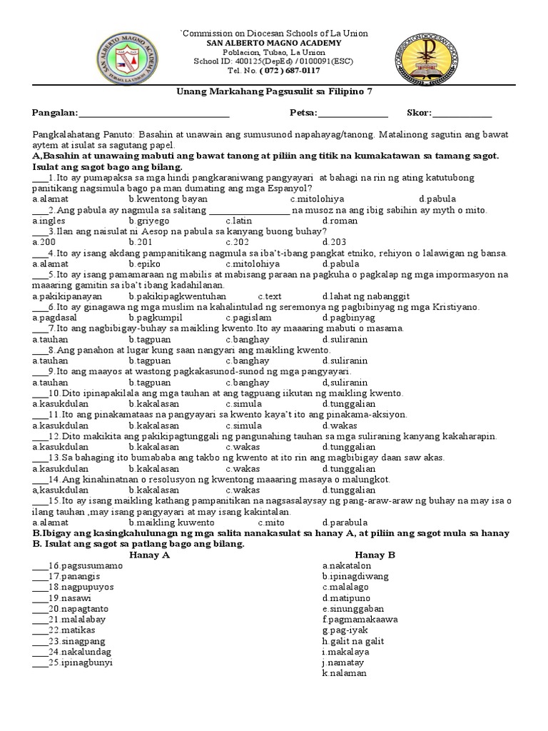 First Quarter Exam - Filipino 7 (2021-2022) | PDF