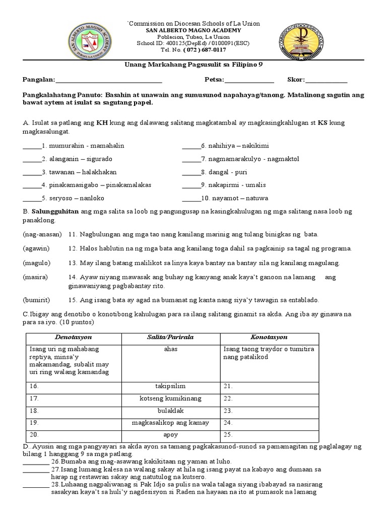 First Quarter Exam - Grade 9 (2021-2020) | PDF