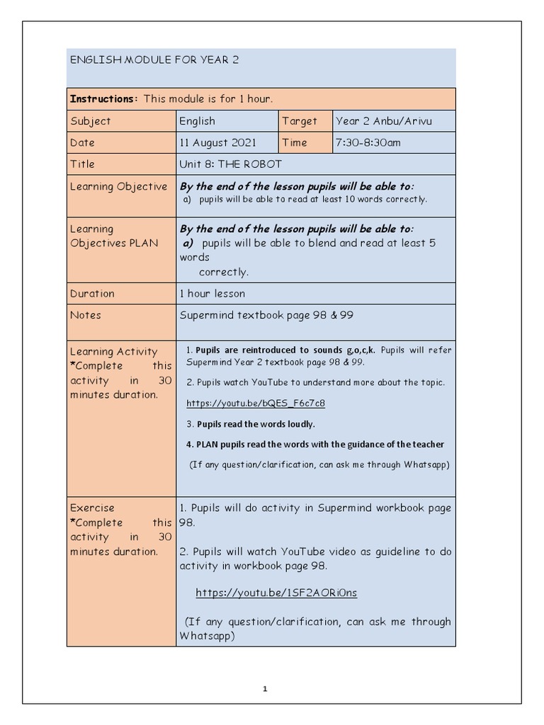 Instructions: This Module Is For 1 Hour.: Pupils Are Reintroduced To ...