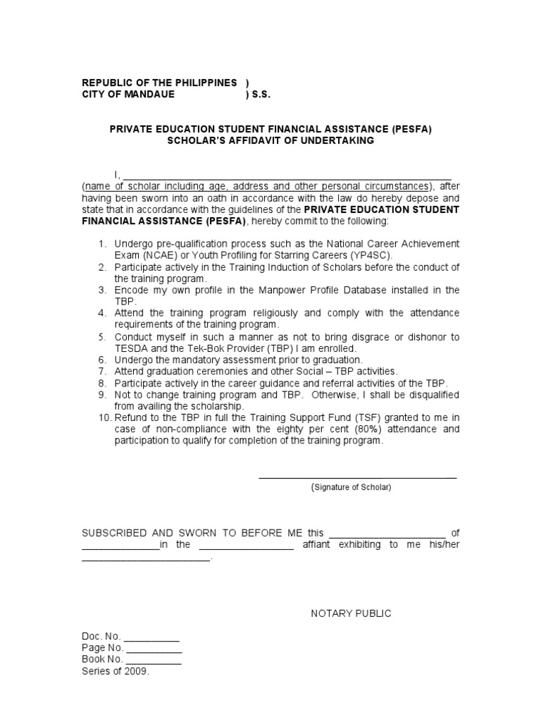 PESFA Affidavit of Undertaking | PDF