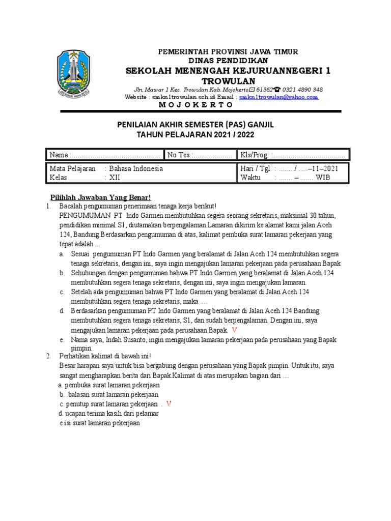 Naskah Soal Pilihan Ganda Pas Ganjil 2122 Bhs Ind | PDF