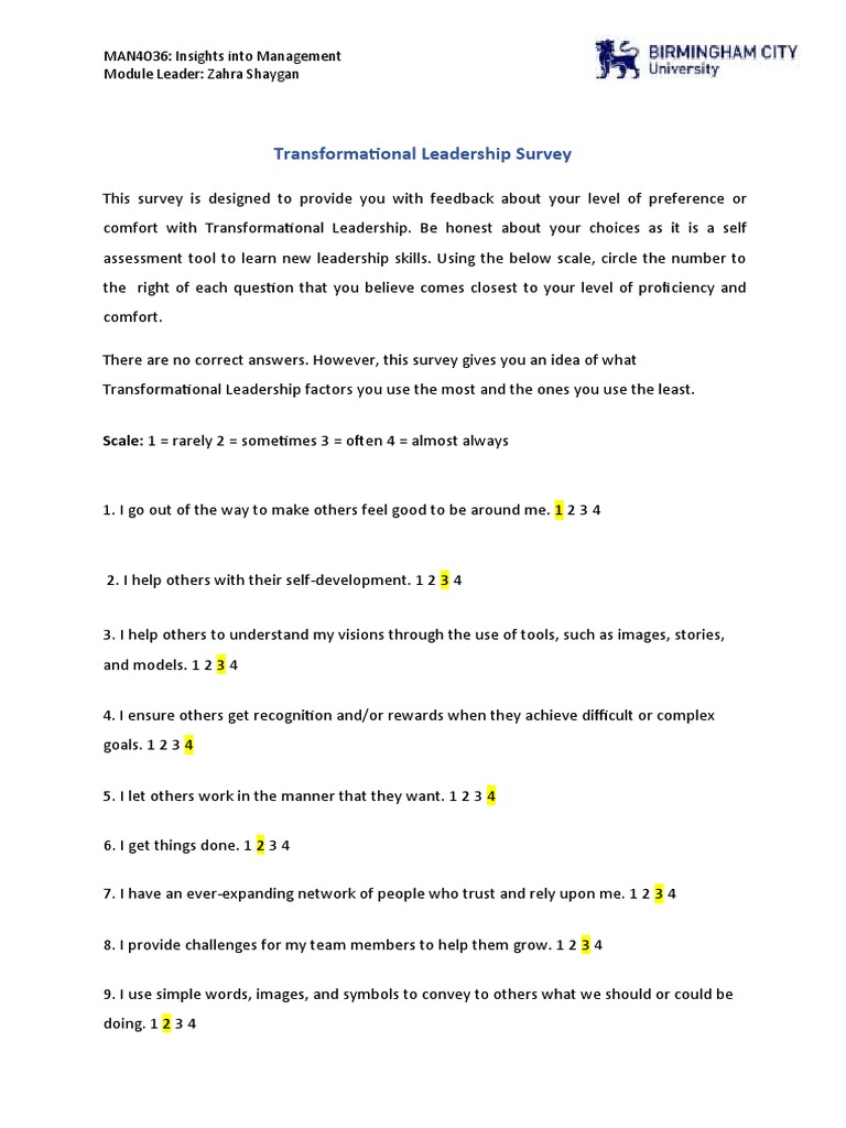 Transformational Leadership Survey | PDF | Leadership ...